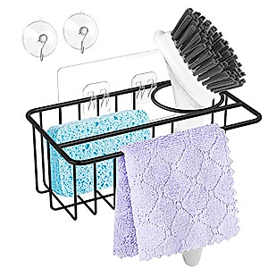 VIS'V 3 in 1 Sink Caddy Sponge Holder, 304 Stainless Steel Adhesive Kitchen Sink Basket Sponge Holder Brush Holder Dishcloth Hanger Kitchen Sink Accessories Organizer Rack with 2 Suction Cups - Black