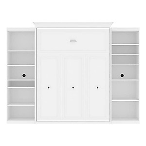 BOWERY HILL Vera Easy-Lift Queen Murphy Wall Bed with Double Bookcase Storage in White