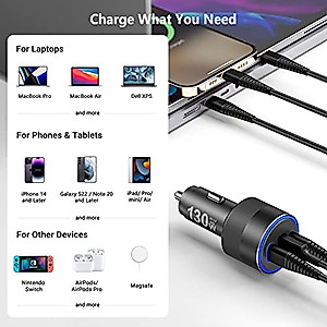 130W USB C Car Charger, PD 100W PPS 45W QC 30W Type C Super Fast Charging LED Cigarette Lighter USB-C Car Adapter for iPhone 13 12 Pro Samsung S22 S21 Ultra Note 20 iPad MacBook Pro Air Laptop