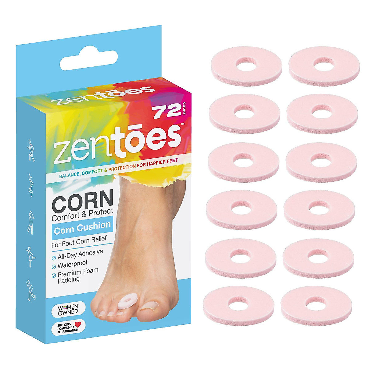 ZenToes Corn Cushions for Toes and Feet, Protect Sore Spots with Foam Padding, Reduce Pain, Pressure and Friction from Shoes, Long Lasting Water-Resistant Self-Stick Adhesive Pads (72 Count)