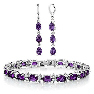 Gem Stone King 7 Inch Purple and White CZ Bracelet Set With Matching 2 Inch Pear shape Dangle Earrings