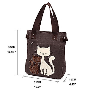 KAUKKO Women Canvas Handbag Shoulder Bag Cat Big Tote Bag Coffee