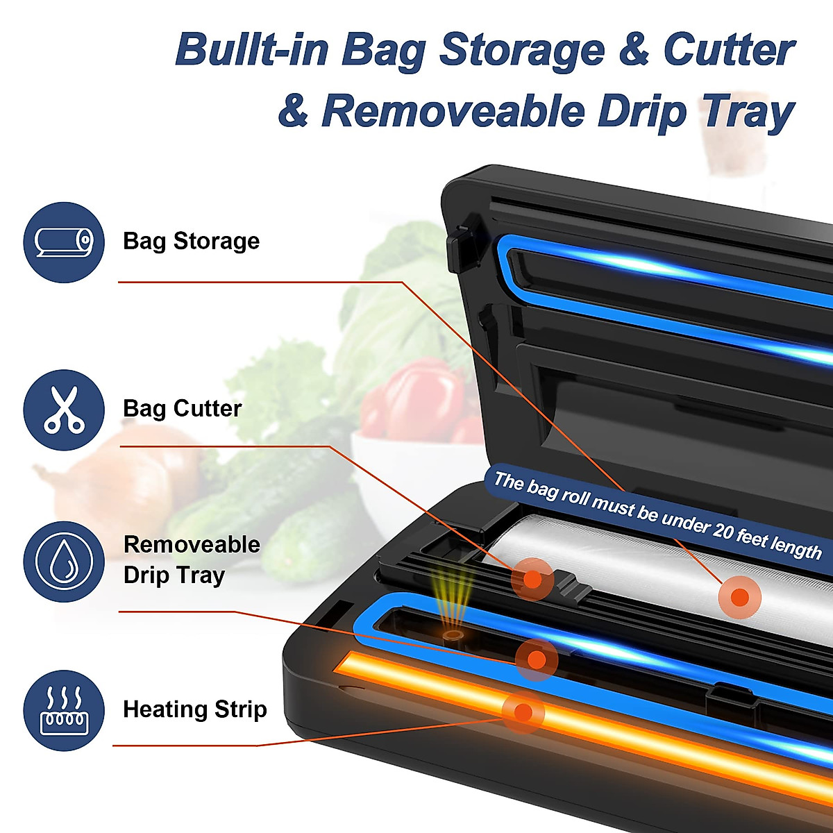 Weochi Vacuum Sealer Machine, 85Kpa Food Sealer with Built-in Cutter and Bag Storage(Up to 20 Feet Length), Dry & Moist Food Modes, Touch Control Panel, LED Indicator Lights, Compact Design, Silver