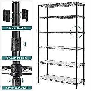 SONGMICS Garage Shelving, 6-Tier Wire Shelving Unit, Kitchen Storage Rack with Adjustable Shelves, Shelf Liners, 8 Hooks, Total Max. Load 528 lb, for Living Room, Garage, Black ULGR096B01