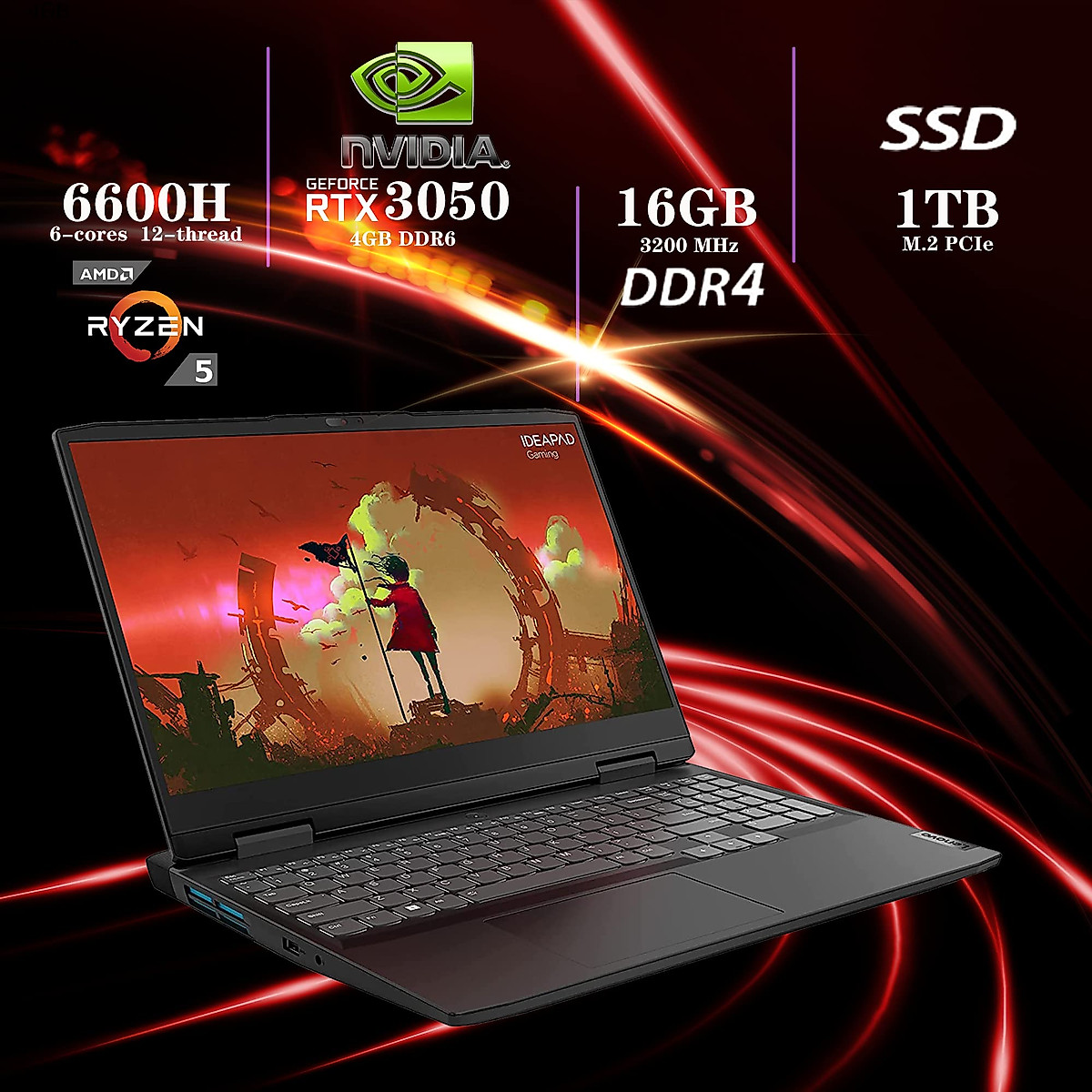 Lenovo 2023 IdeaPad Gaming 3 15.6'' 120Hz Laptop, AMD Ryzen 5 6600H, 16GB RAM, 1TB PCIe SSD, NVIDIA GeForce RTX 3050, Backlit Keyboard, Onyx Gray, Windows 11, 32GB SnowBell USB Card,