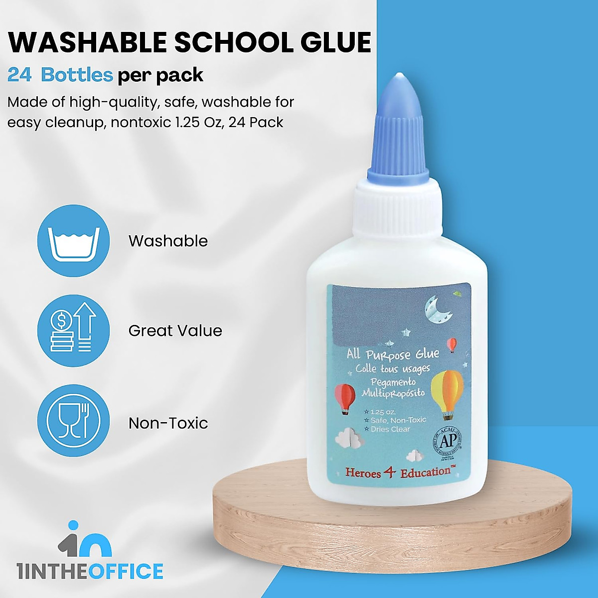 1InTheOffice Washable School Glue, Premium-Quality Glue, White, 1.25 Oz, 24 Pack