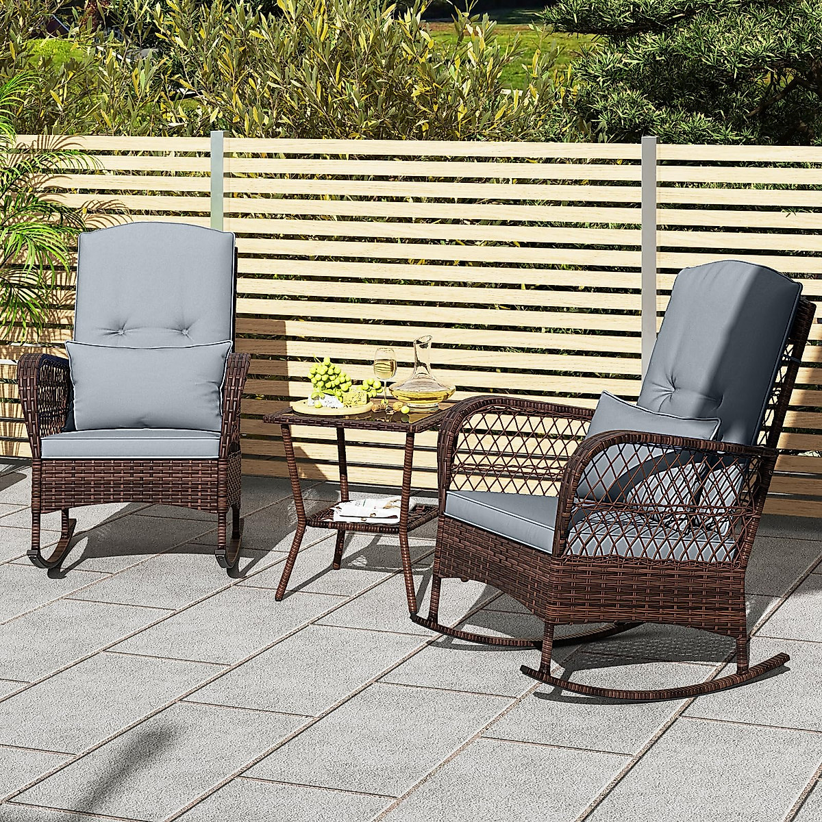 Tangkula 3 Piece Patio Rocker Set, Patiojoy Outdoor Wicker Rocking Chairs w/Double-Layer Coffee Table, Rattan Rocker Chair Set w/Seat Back Cushions & Pillows, for Porch, Backyard, Poolside (Grey)