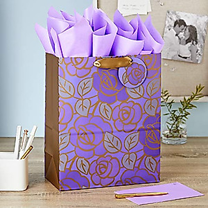 Hallmark 13" Large Gift Bag with Tissue Paper (Purple Flowers, Gold Accents) for Birthdays, Mother's Day, Bridal Showers, Weddings, Retirements, Anniversaries, Engagements, Any Occasion