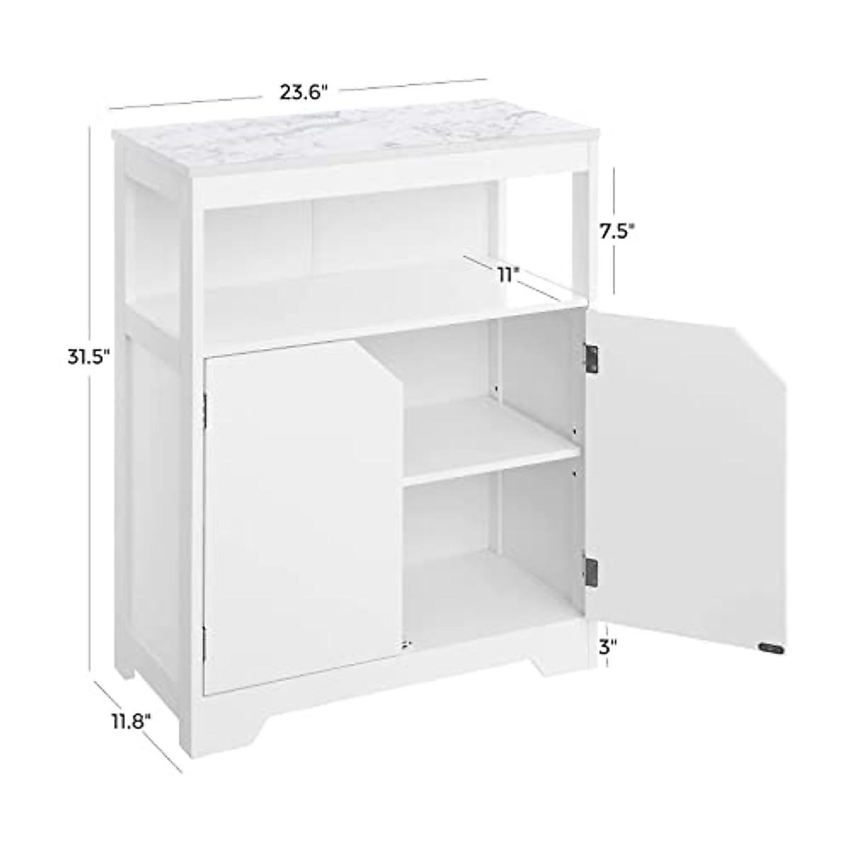 VASAGLE Bathroom Storage Cabinet, Floor Cabinet Cupboard, with Large Storage Capacity, Printed Marble-Like Pattern, Open Shelf, and Adjustable Closed Shelf, 23.6 x 11.8 x 31.5 Inches, White UBBC68WT
