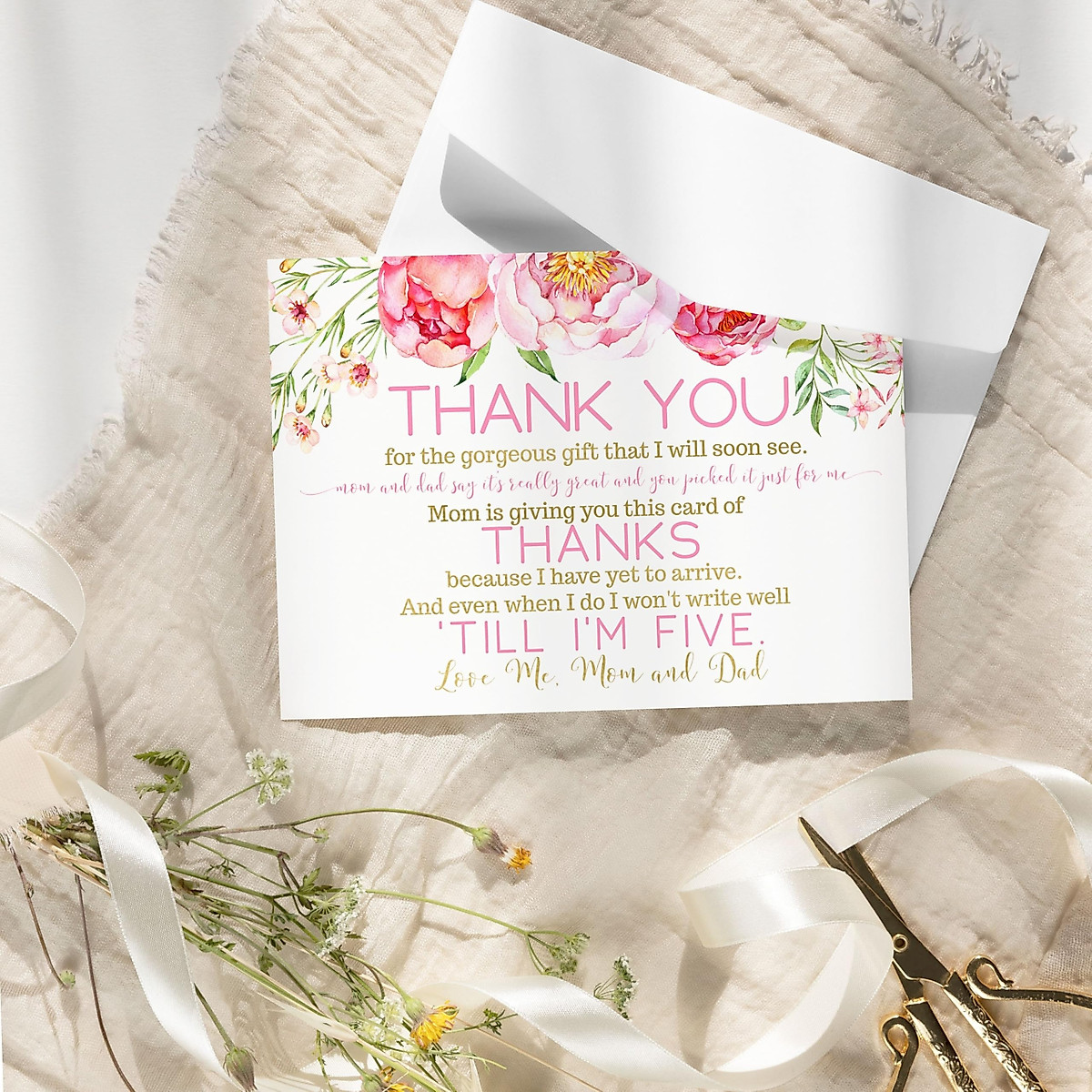 Cottage Floral Baby Shower Thank You Cards with Envelopes Blank Notes Prefilled Message Girls, Personalize for Registry Gifts Cute Pink and Gold Notecard Set 4x6 Stationery, 15 Pack