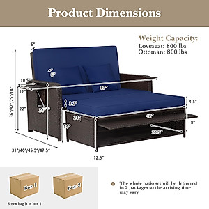 Tangkula Patio Rattan Daybed Set, Wicker Loveseat Sofa w/Multipurpose Ottoman & Retractable Side Tray, 4-Level Adjustable Backrest, Footstool w/Storage, Seat & Back Cushion Included (Navy)