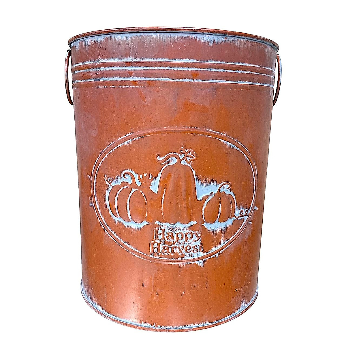 DNS Happy Harvest Buckets Large Metal Galvanized Burnt Orange Pumpkin Theme Containers Thanksgiving Fall Decorative Organizer (Set of 2) 9.2" & 8.8"