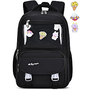 Girls Backpack, Kawaii Kids School Backpacks with Cute Pin Accessories for Girls, Cute Book Bag with Compartments for Teen Girl Kid Students Elementary Middle School, Kids' School Bag, 16in(Black)