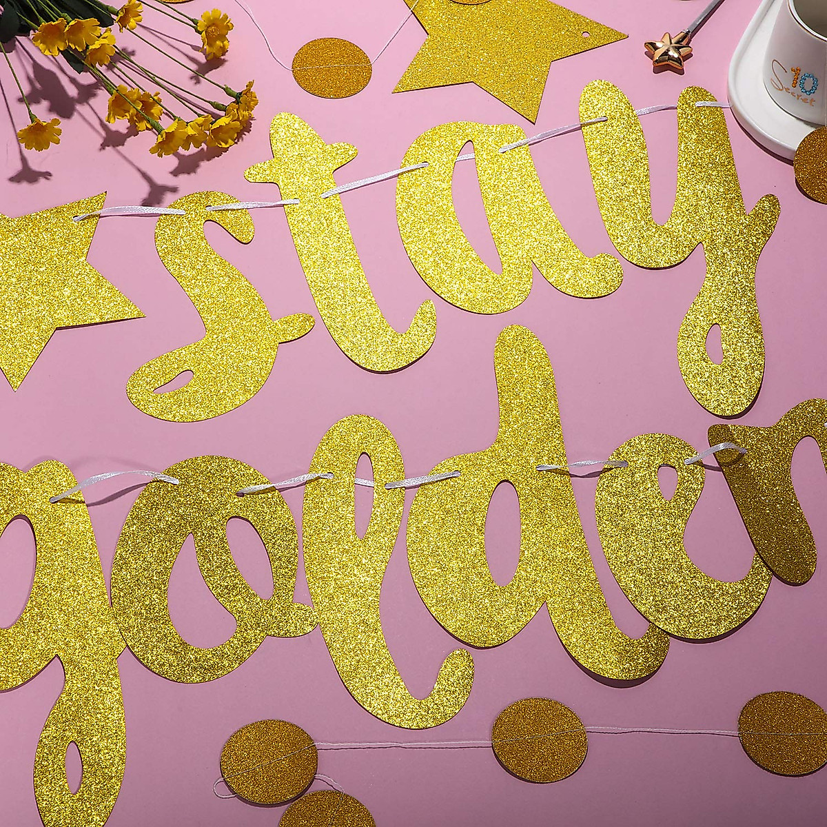 2 Pieces Stay Golden Banner Glitter Gold Lucky Birthday Banner Circle Dot Hanging Garland for Birthday Baby Shower Party Decoration Supplies