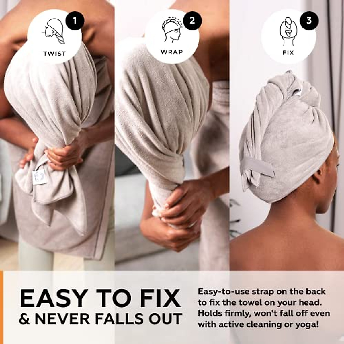 Super Absorbent Quick Dry No-Frizz Soft Microfiber Hair Towel Wrap for Curly, Coily or Tight Hair with Robust Elastic Strap for Drying and Plopping 20x40 inch, Gray