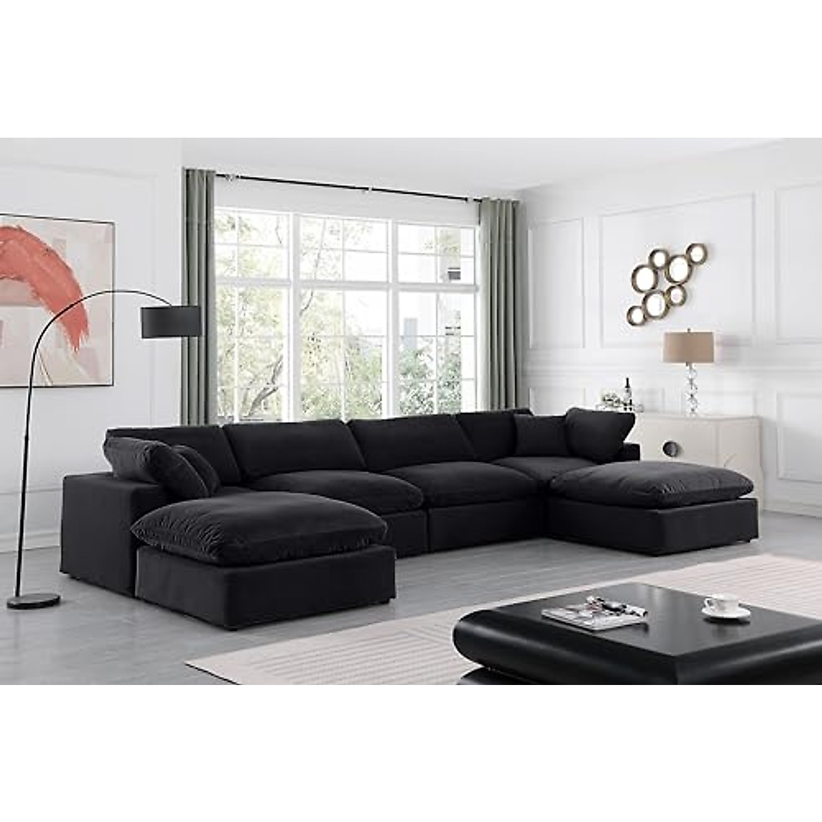 Meridian Furniture 189Black-Sec6B Comfy Collection Modern | Contemporary Upholstered Modular Sectional, Soft Black Velvet, Down Feather Cushions, 158" W x 79" D x 34.5" H, Black