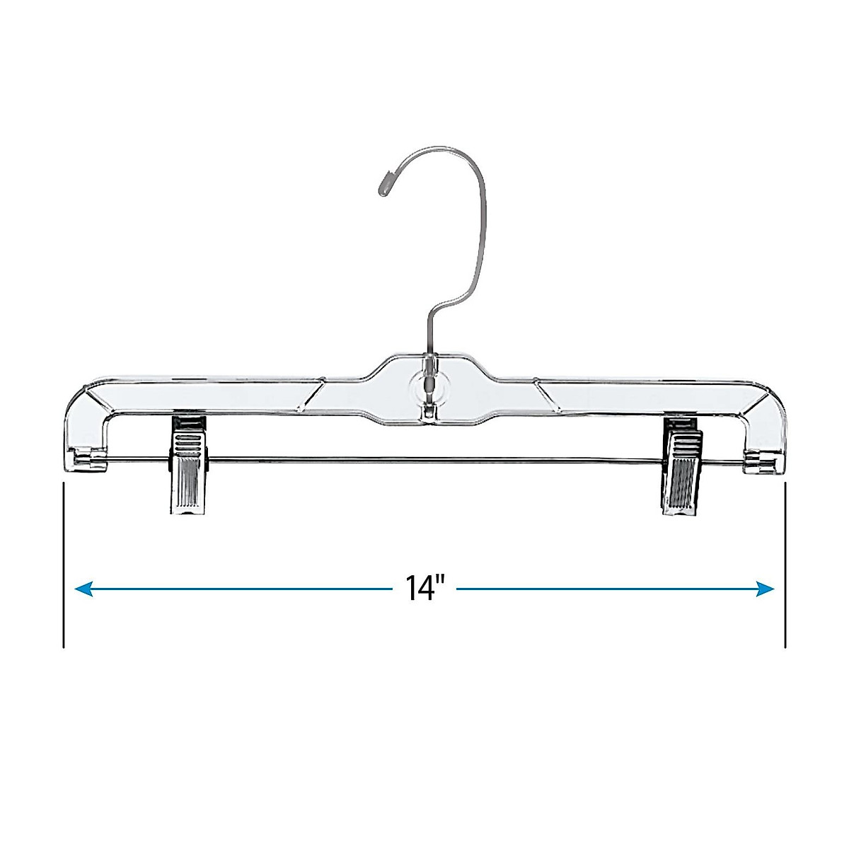14 inch Clear Plastic Skirt and Pants Hangers - Pack of 20 - Perfect for Lightweight Fabrics Such As Rayon and Linen - Features Anchored Chrome Swivel Hooks, Hangbars, and Padded Metal Clips