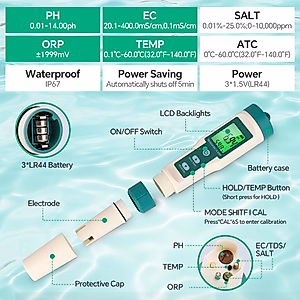 RAINLEOTI PH and TDS Meter, 7-in-1 Digital pH Tester for Water, PH/TDS/EC/SG/ORP/Salt/Temp