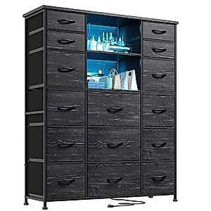 EnHomee 51" H Tall Dressers with Hutch 15 Drawer Dresser for Bedroom with Charging Station & LED Lights Sturdy Black Bedroom Dresser,Steel Frame, Wood Top, 51.2" H x 39.3" W x 11.8" D