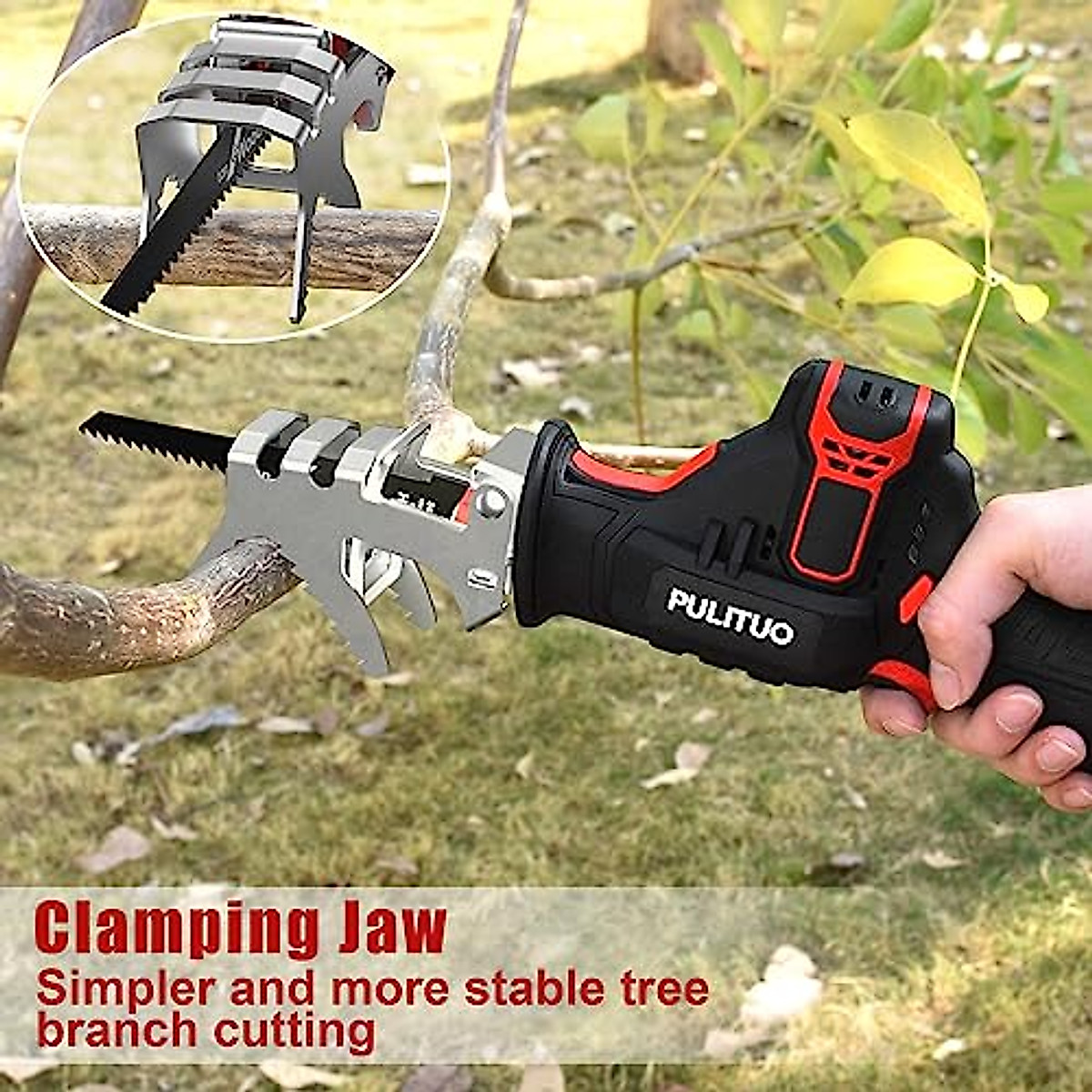 PULITUO Cordless Reciprocating Saw, Speed 3000SPM with Clamping Jaw, Including 2000 mAh/ 1-Hour Fast Charge,Safety Gloves& Goggles, 4Pcs of Saw Blades for Wood