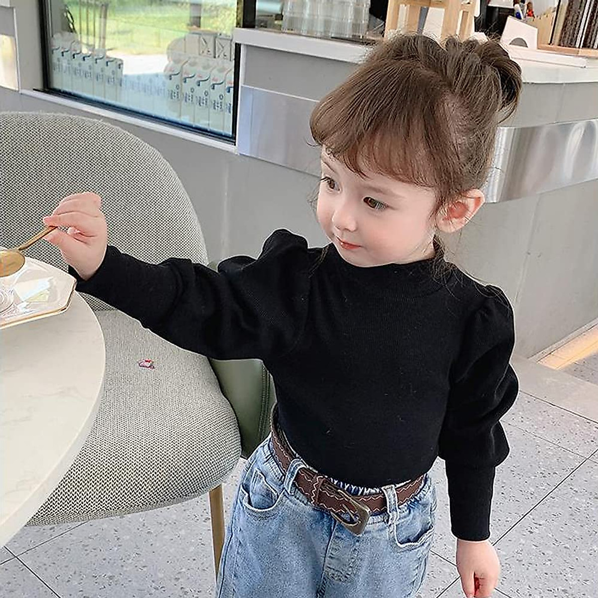 IZYJOY Toddler Baby Girls Basic Solid Color Turtlneck T-Shirt Soft Cotton Tops Cute Puff Long Sleeve Little Baby Clothes (Black, 2-3T)