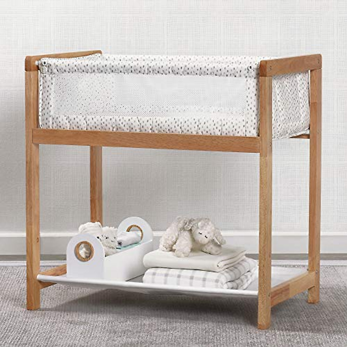 Delta Children Classic Wood Bedside Bassinet Sleeper Portable Crib with HighEnd Wood Frame, Paint Dabs