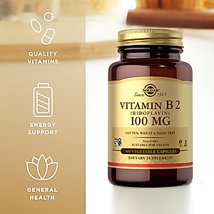 Solgar Vitamin B2 (Riboflavin) 100mg, 100 Vegetable Capsules - Energy Metabolism, Healthy Nervous System - Non-GMO, Vegan, Gluten Free, Dairy Free, Kosher, Halal - 100 Servings