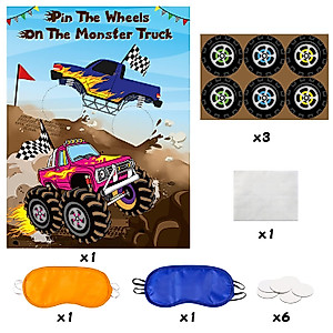 ANGOLIO Monster Truck Pin The Tail Games Party Supplies Pin The Wheels on The Monster Truck Poster Birthday Collection Favor Baby Shower Background Game Accessories for Kids (includes 2 Blindfolds)