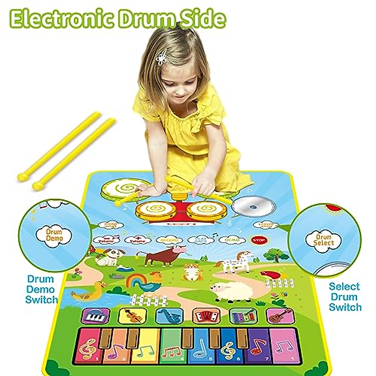 1 Year Old Boy Toys, 3 in 1 Musical Toys for Toddlers 1-3 Piano Keyboard, Drum Mat with 2 Drum Sticks, Animal Touch Play Blanket Baby Toys for 12-18 Months Birthday Gifts for 1 2 3 Year Old Boys Girls