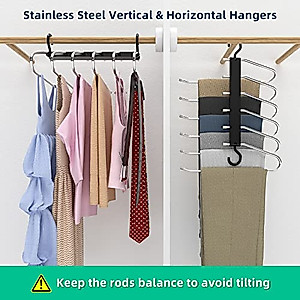 Pants Hangers Space Saving, 2 Pack Stainless Steel Pants Hangers for Closet Organizer Magic Trousers Hanger Space Saving Non Slip for Jeans Skirts Scarves Belts Towels Ties Leggings (Black)