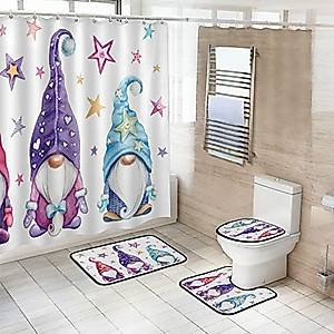 4PCS Magic Gnomes with Stars Shower Curtain Set with Non-Slip Rugs, Toilet Lid Cover and Bath U-Shaped Mat, Bathroom Decor Set Accessories Waterproof Shower Curtain Sets with 12 Hooks