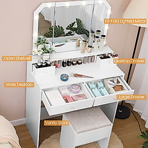 Quimoo Vanity Desk Set with LED Tri-Fold Lighted Mirror & Power Outlet, Makeup Vanity Table with 4 Drawers, Cushioned Stool, for Bedroom, Bathroom, White