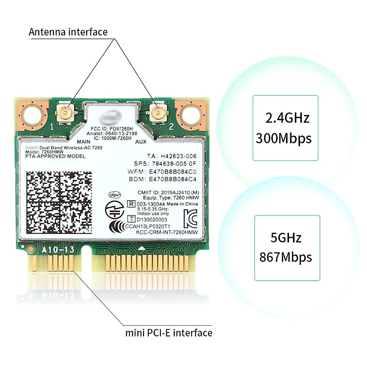 7260ac Half Mini pcie WiFi Card 7260HMW Dual Band Wireless-AC 7260 PCIe WiFi Adapter 2x2 Wi-Fi BT4.0 802.11 b/a/g/n/ac PCI Express Mini Network Card for Windows 7 8 10