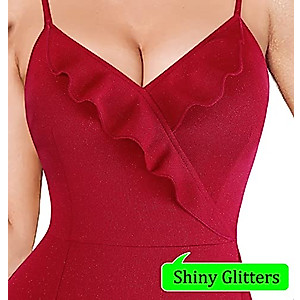 VFSHOW Womens Sexy Ruffle Deep V Neck Cocktail Party Bodycon Midi Dress Spaghetti Strap 2023 Hi-Lo Slit Mermaid Sparkly Dress (Red, Large) 10500C RED L