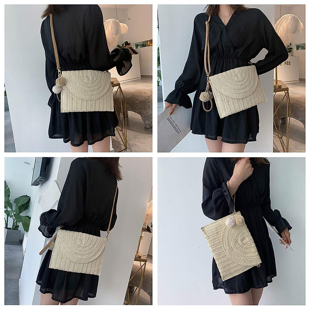 Straw Shoulder Bag Women Straw Clutch Summer Beach Crossbody Bag Handmade Woven Purse Handbag Holiday Gifts, Beige, 7.9 x 10.6 inch