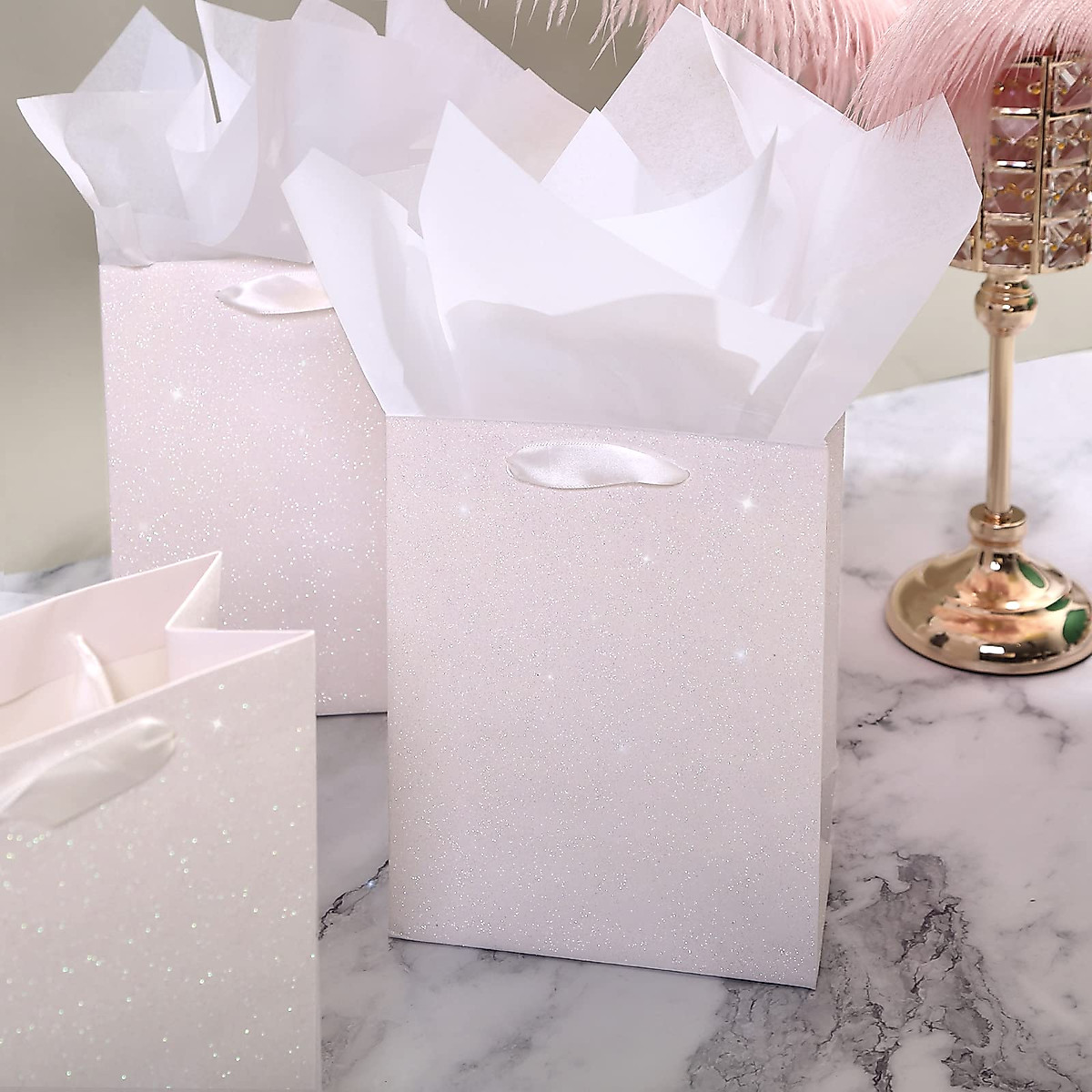 PAPER FAIR 12Pcs Embossed Crystal White Glitter Gift Bags with 24 Tissue Paper Bulk, M 9x7 Inch, Christmas Valentines Day Gift Wrap Bag, Wedding Bridal Shower Favor Bag Gift Packaging, Holiday