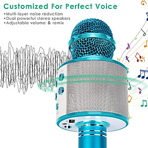 KIDWILL Wireless Bluetooth Karaoke Microphone for Kids, 5-in-1 Portable Handheld Karaoke Mic Speaker Player Recorder with Adjustable Remix FM Radio for Kids Girls Boys Teens Birthday (858-Blue)