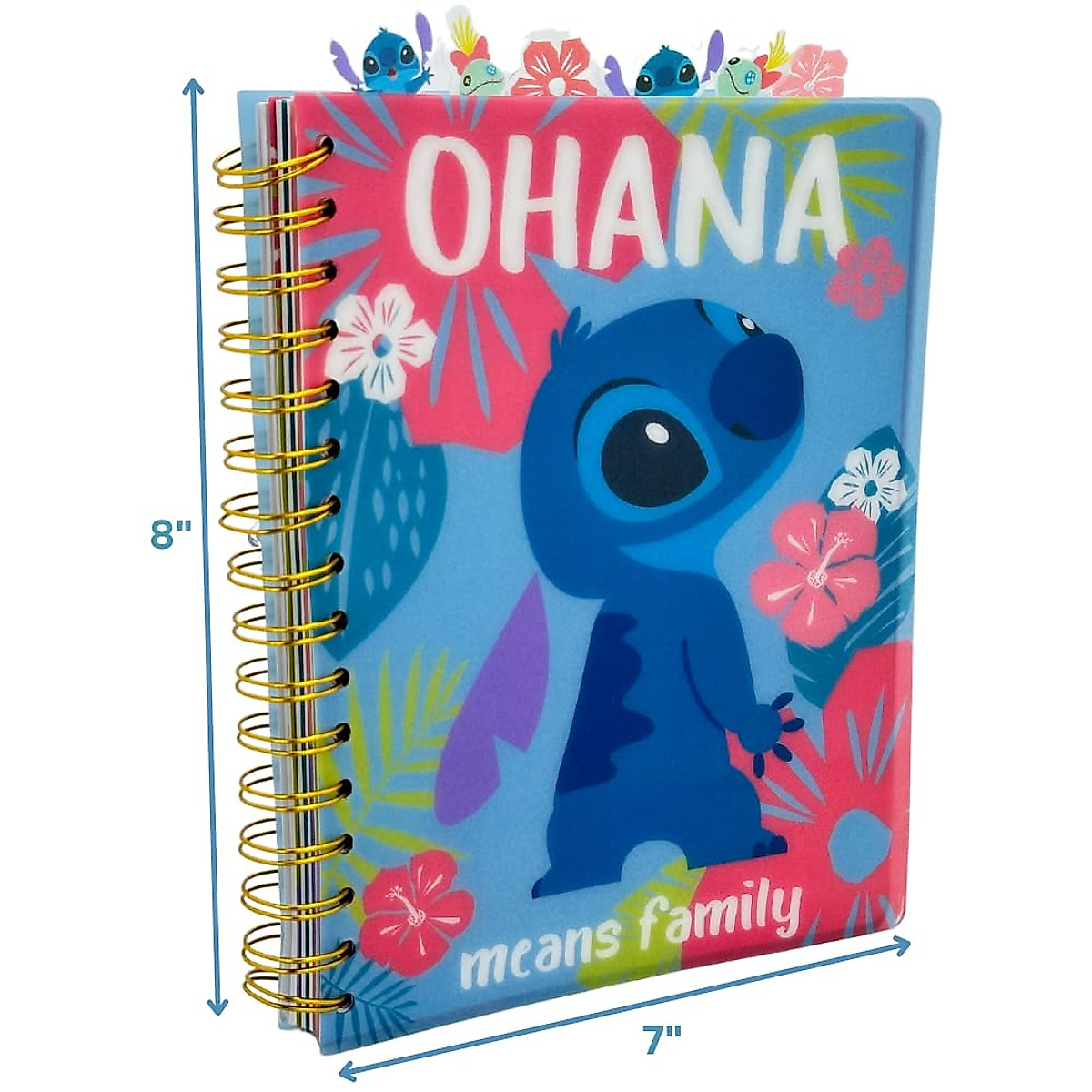 Innovative Designs Disney Stitch Tab Journal Notebook Ohana Spiral Bound, 144 Lined Pages, 8 x 7 inches, Blue