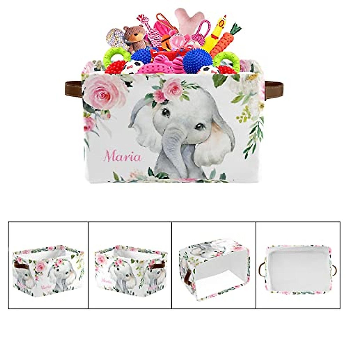 Pink Elephant Floral Personalized Storage Basket ,Custom Storage Bins Cubes Organizer with Handle for Bedroom Wardrobe,Nursery,Basket 1 Pack