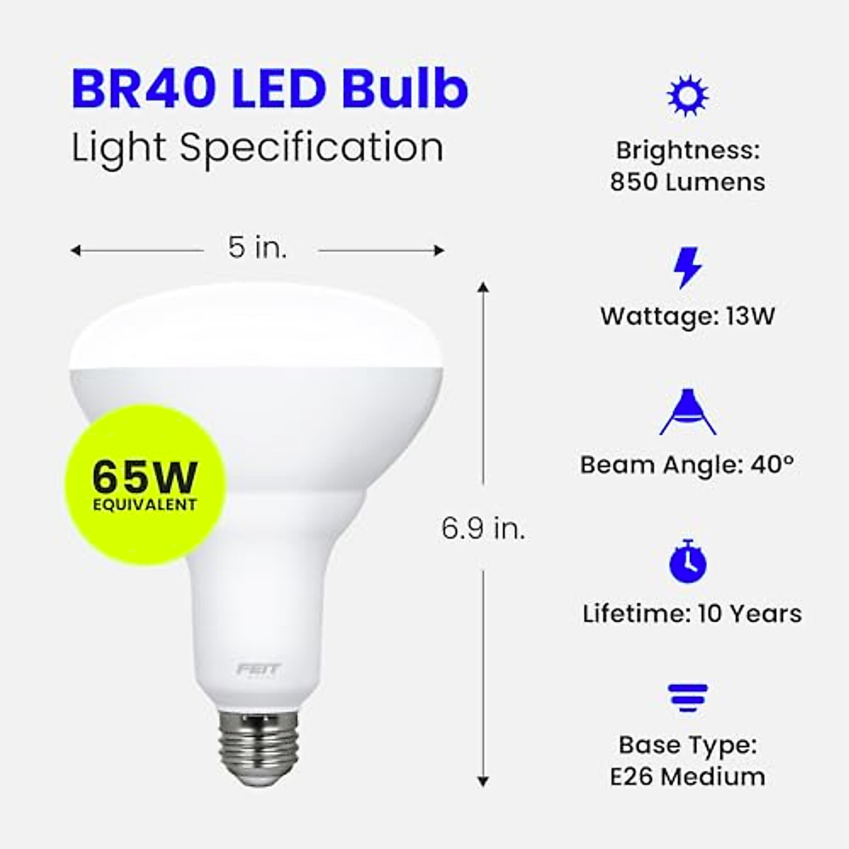 Feit Electric LED BR40 Bulbs, Dimmable, 65W Equivalent, 10 Year Life, 850 Lumens, E26 Base, 5000k Daylight, Flood Lights, Recessed Can Light Bulbs, Damp Rated, UL Listed, 6 Pack, BR40DM85010KLED/2/3