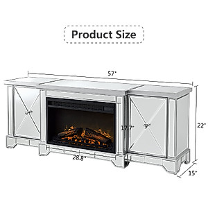 Alohappy Electric Fireplace TV Stand for TVs up to 65”, Mirrored TV Stand with 18” LED Fireplace and Remote, Home Media Entertainment Center Silver TV Console Table Furniture for Living Room