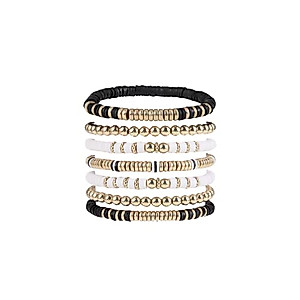 7PCS Surfer Colorful Clay Beads Stretch Bracelets Bohemian Stackable Gold Beads Vinyl Disc Elastic Bracelets Multilayer Summer Beach Jewelry Set-Black