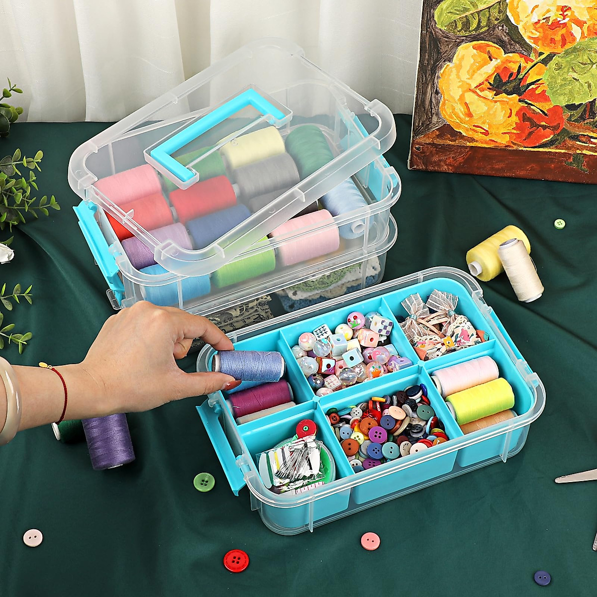 BTSKY 3 Layer Stack & Carry Box, Plastic Multipurpose Portable Storage Container Box Handled Organizer Storage Box with Removable Tray for Organizing Sewing, Art Craft, Supplies Blue