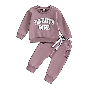 FIOMVA Daddys Girl Baby Clothes Toddler Fall Winter Outfits Sweatshirt Pants 2 Piece Set Shirt Sweatpants Suit (H Embroidered Daddy's Girl Purple, 2-3 Years)