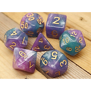 DND Dice Polyhedral 7-Die Dice Set for D&D Dungeons & Dragons Role Playing Gaming Night Sky dice with Glitter Purple Green…