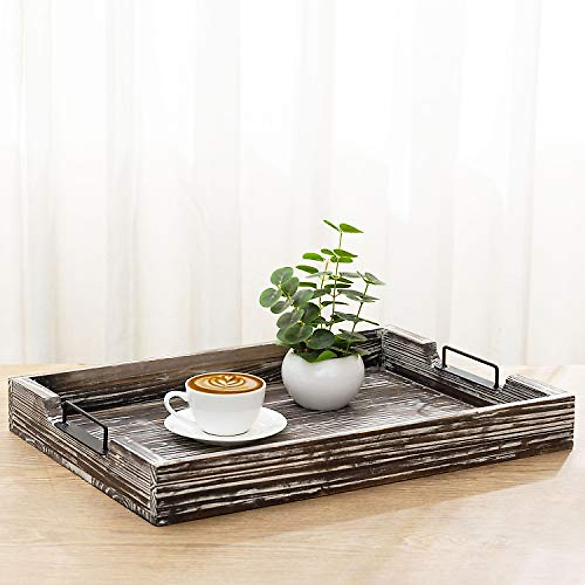 MyGift Torched Wood Large Serving Tray with Handles, 20 x 14 Ottoman Tray, Breakfast, Coffee Server Tray