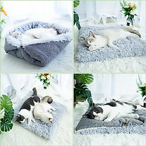 Fhiny Self Warming Cat Bed Mat, Furry Cat Pad for Indoor Cats 2 in 1 Machine Washable Soft Plush Autumn Winter Thermal Pet Bed Snooze Sleeping for Kittens Puppies Rabbits