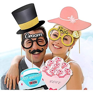 Wedding Photo Booth Props Kit, Konsait Bridal Shower Photo Booth Prop with Wooden Dowels for Wedding Shower Party Supplies (52 Counts)