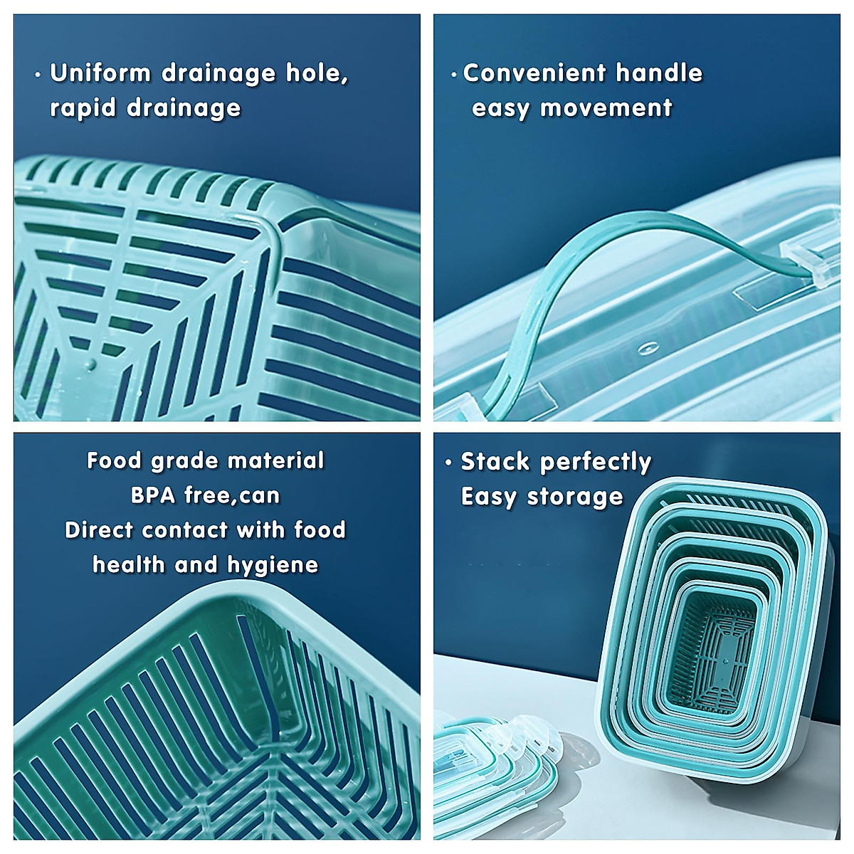 PLHG 5 Pack Fruit Storage Containers for Fridge Removable Colanders, Refrigerator Organizer for Salad Berry Lettuce Vegetables Produce Saver Container with Lid, Microwave, Dishwasher Safe