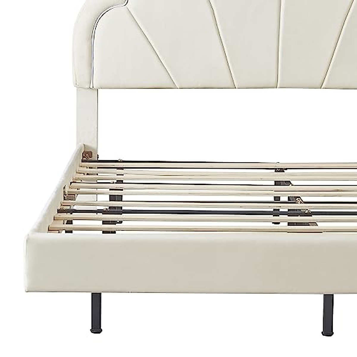 HZXINKEDZSW Queen Upholstered Bed with Elegant Flowers Headboard,Floating Velvet Platform Bed with Wooden Slats Support,Upholstered Smart LED Bed Frame for Kids Boys Girls Bedroom (Beige, Queen)